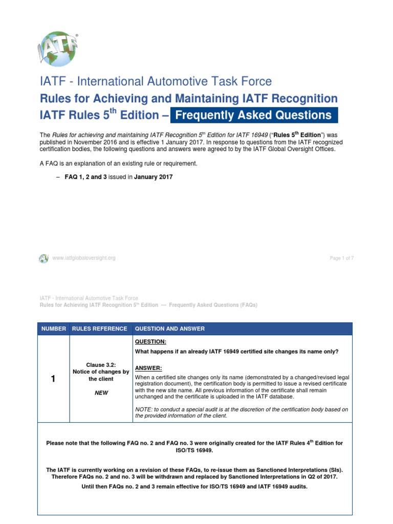 IATF Rules 5th Edition - FAQs 1 3 - 23jan2017 - FINAL PDF | PDF | Faq ...