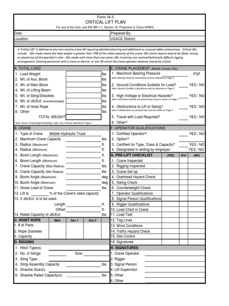 Critical Lift Form - 16-3 - Final Fillable | PDF | Crane (Machine) | Nature