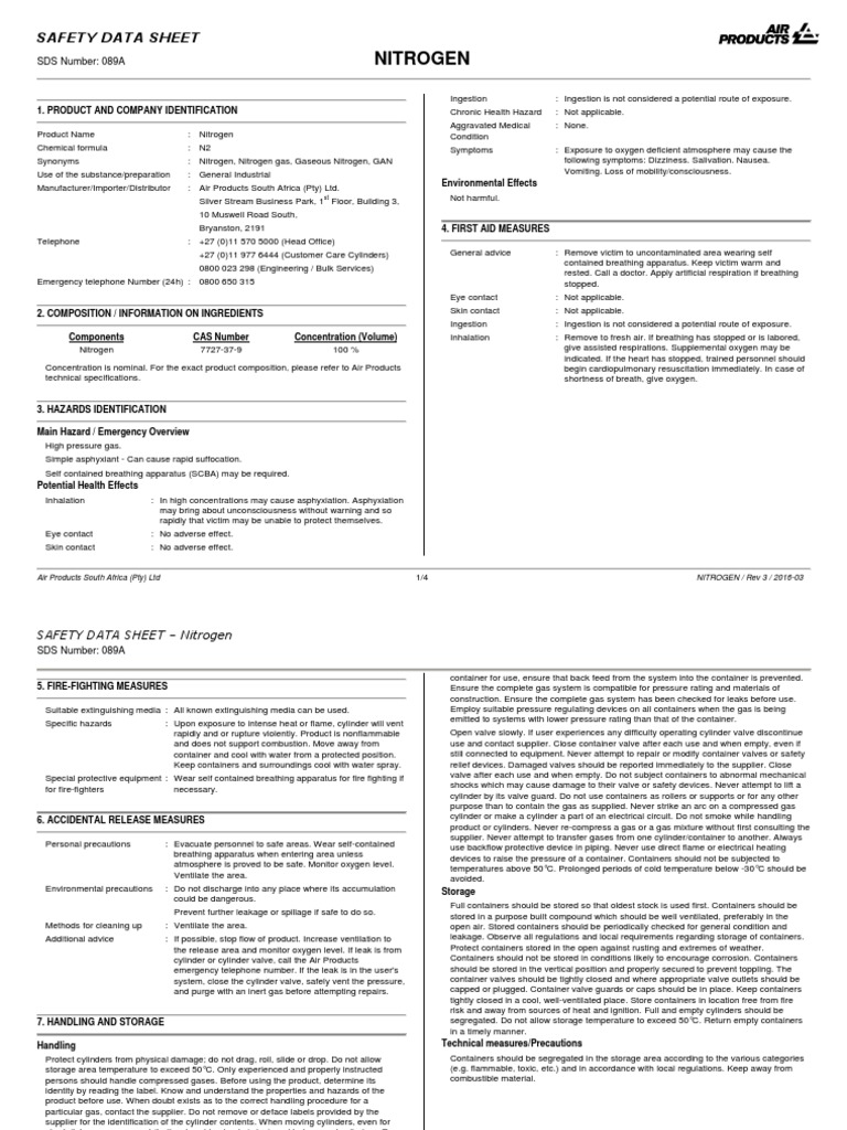 Nitrogen Safety Data Sheet (SDS) | PDF | Dangerous Goods | Leak