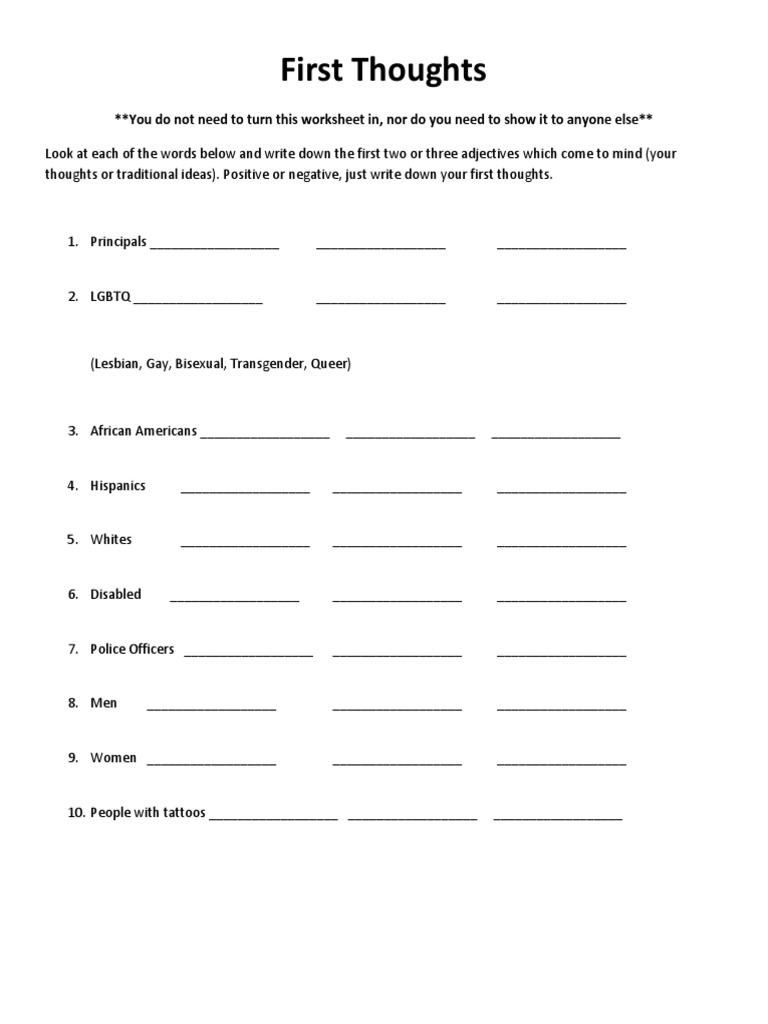 First Thoughts: You Do Not Need To Turn This Worksheet In, Nor Do You ...