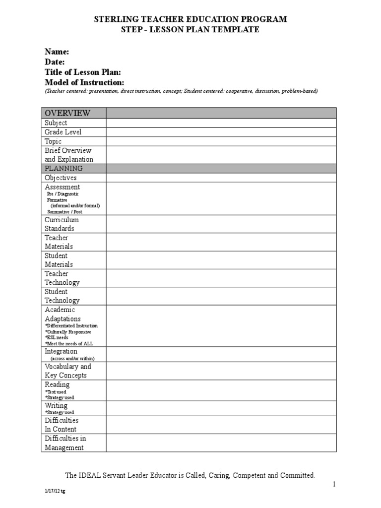 Lesson Plan Template Blank S12 | PDF