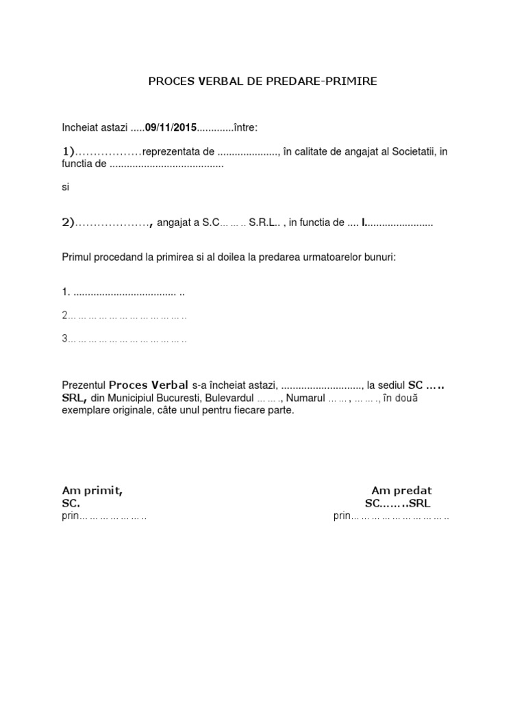 Proces Verbal Predare - Primire | PDF