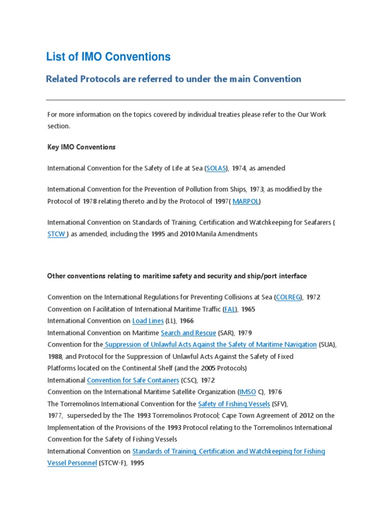 List of IMO Conventions: Related Protocols Are Referred To Under The Main Convention | PDF ...