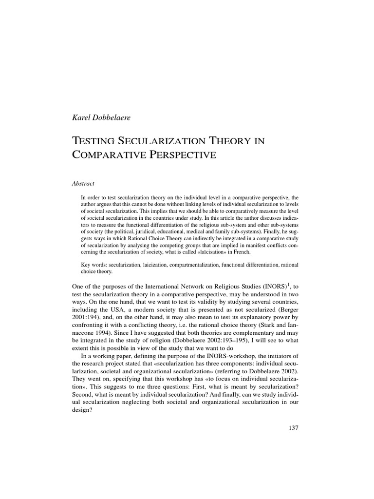 Karel Dobbelaere. Testing Secularization Theory in Comparative ...