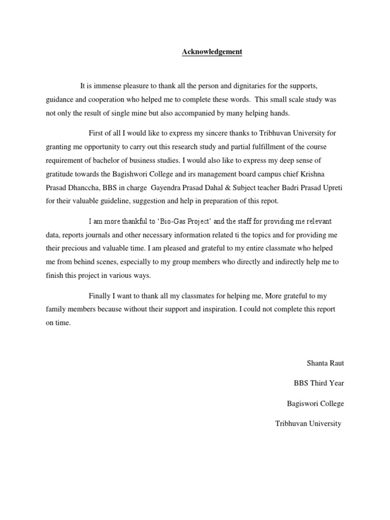 Acknowledgement Project | PDF | Biogas | Fuels