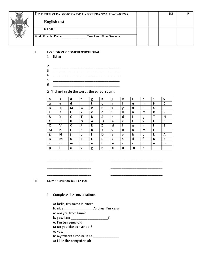 English Test: 4 St. Grade Date - Teacher: Miss Susana | PDF