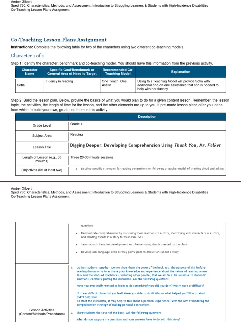 Co-Teaching Lesson Plans Assignment: Character 1 of 2 | PDF | Lesson ...