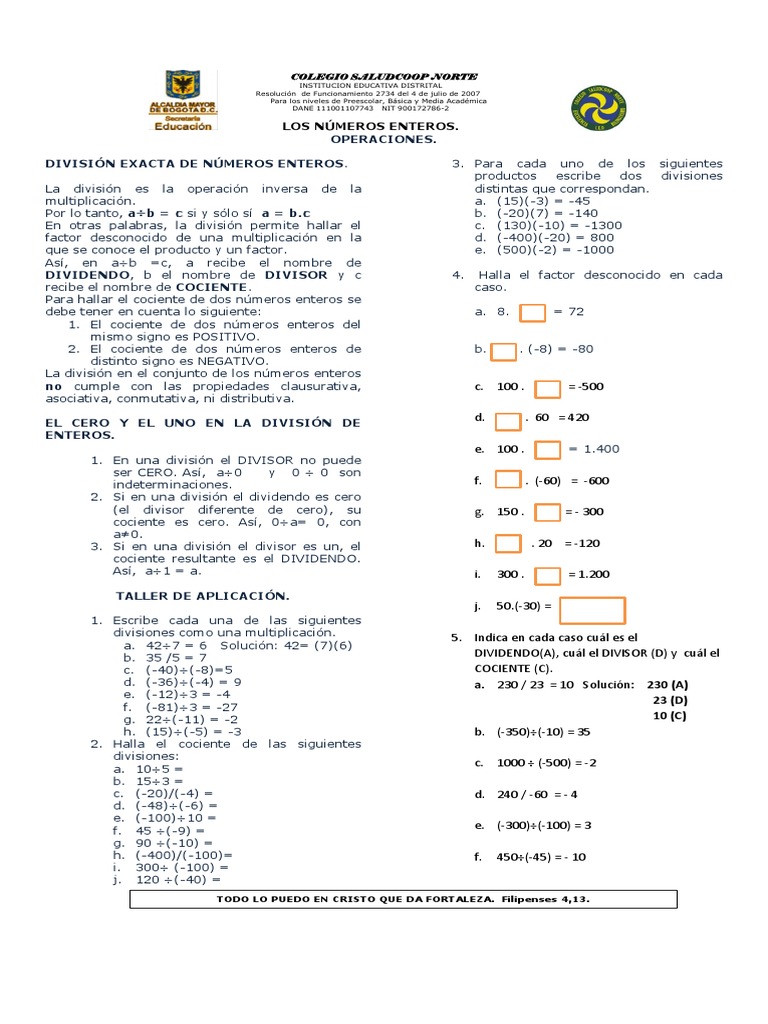 Division de Numeros Enteros. | PDF | División (Matemáticas) | Entero