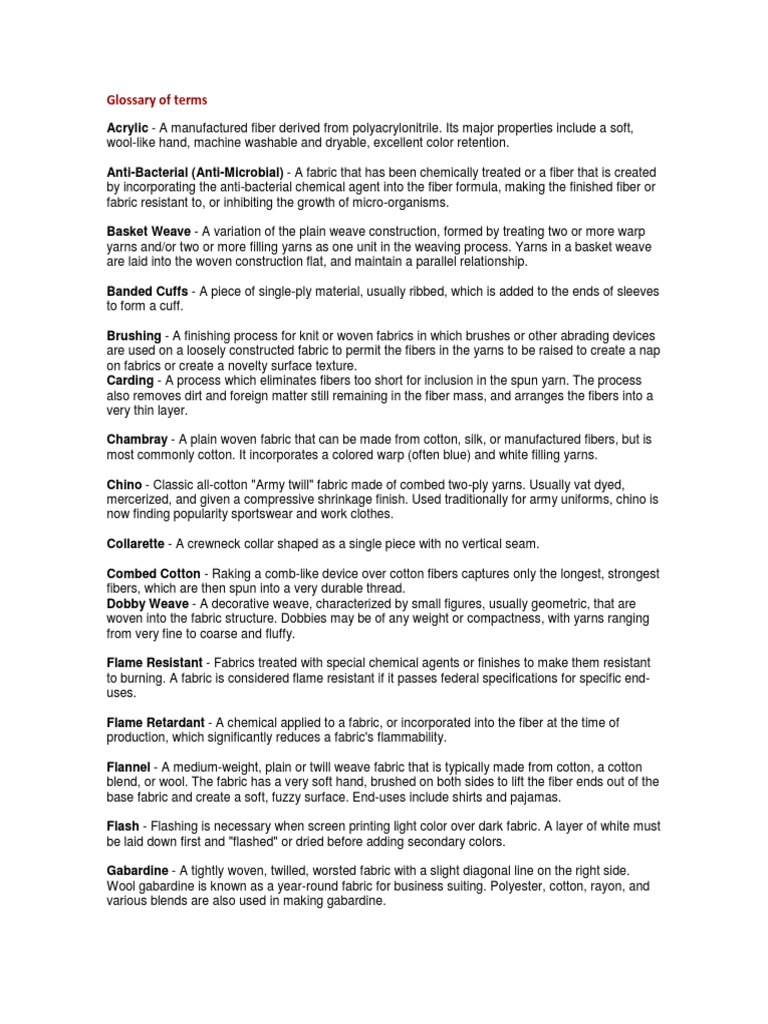Glossary of Textile Terms | PDF | Textiles | Yarn
