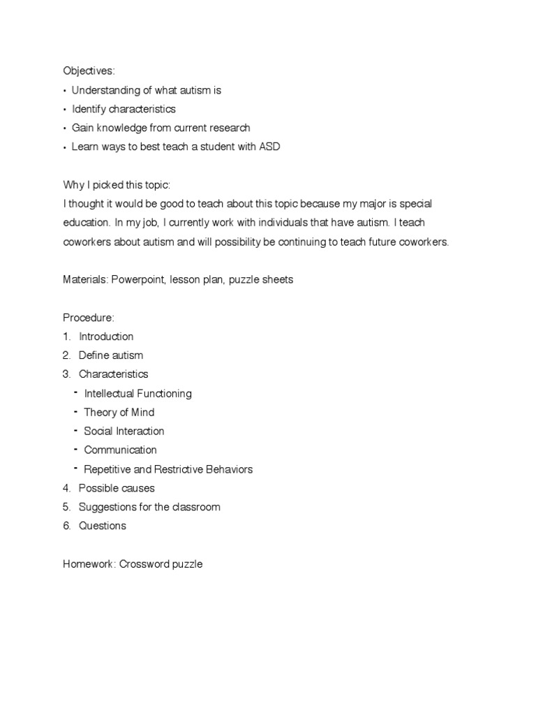 Lesson Plan Autism Edu 280 | PDF | Autism | Autism Spectrum