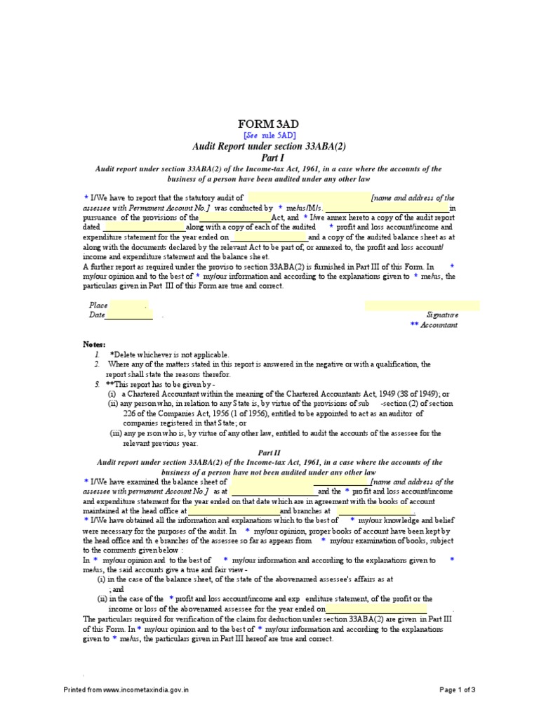 Form 3ad: Audit Report Under Section 33ABA | PDF | Tax Deduction ...