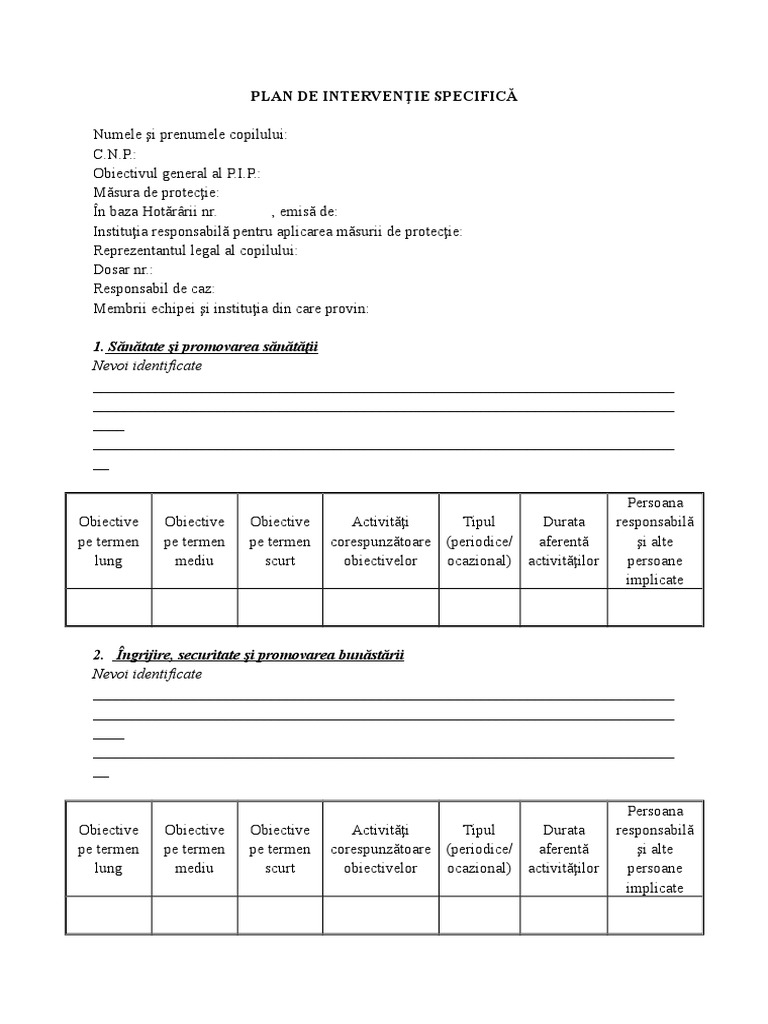 Plan de Intervenţie Specifică