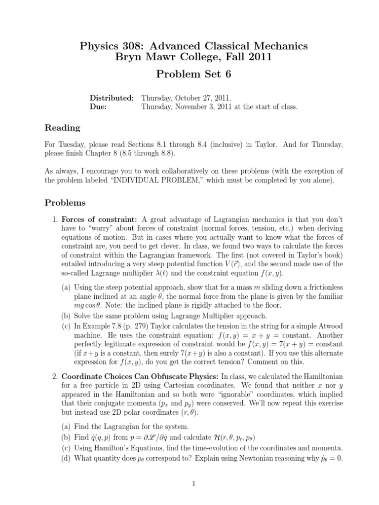 Physics 308: Advanced Classical Mechanics Bryn Mawr College, Fall 2011 ...