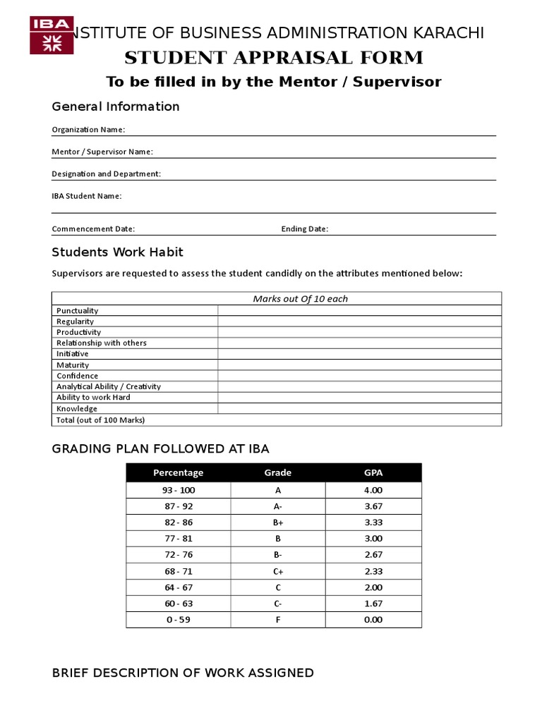 Student Appraisal Form: Institute of Business Administration Karachi | PDF
