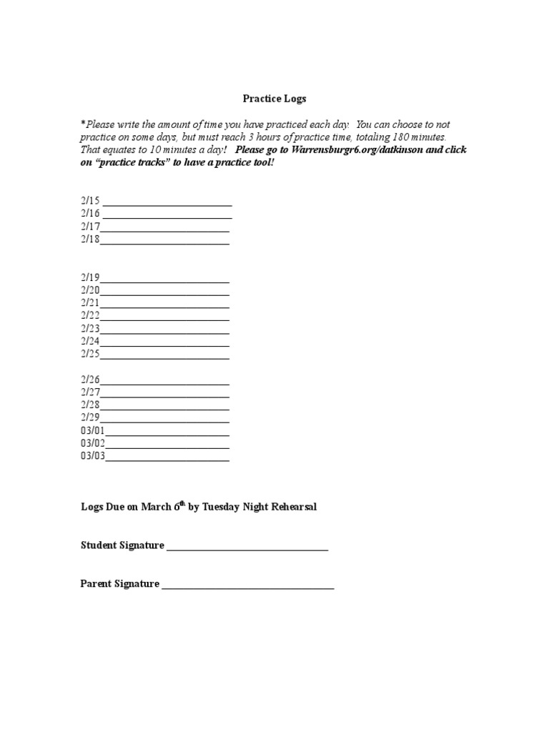 Practice Logs: Practice On Some Days, But Must Reach 3 Hours of ...
