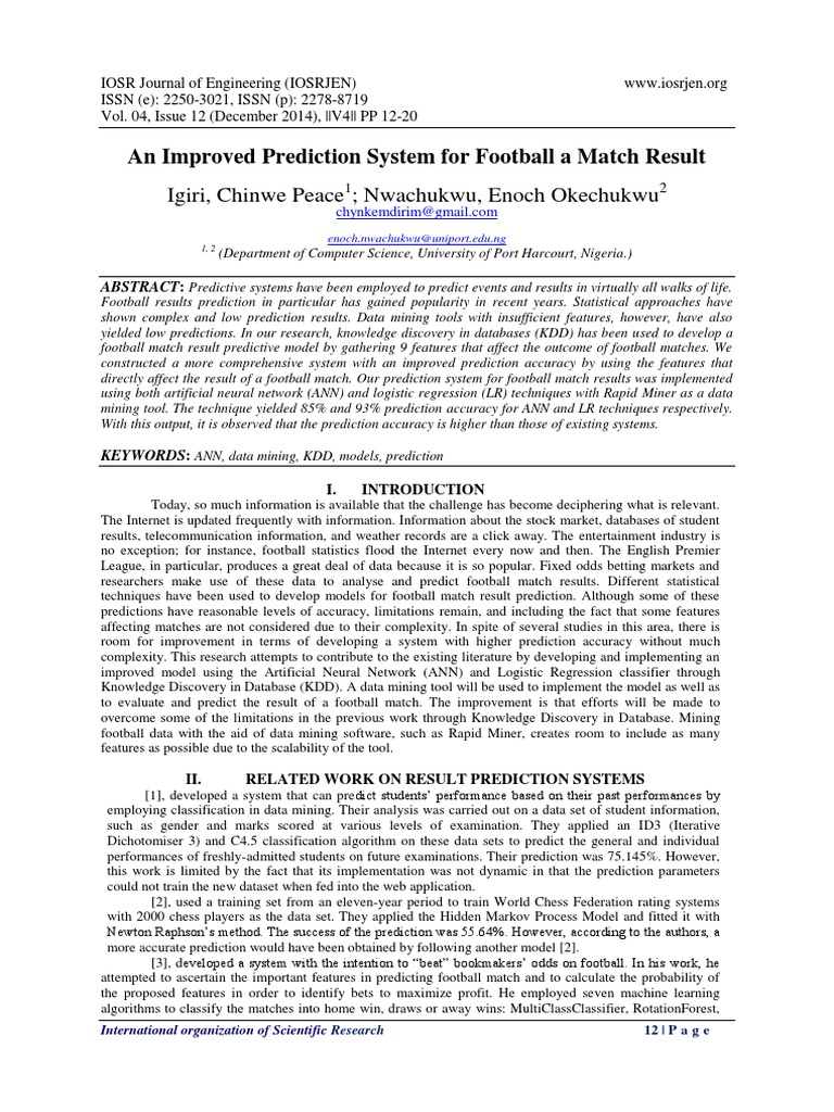 An Improved Prediction System For Football A Match Result - Data Mining ...