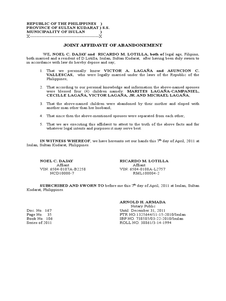 Affidavit of Abandonment | PDF | Affidavit | Comparative Law