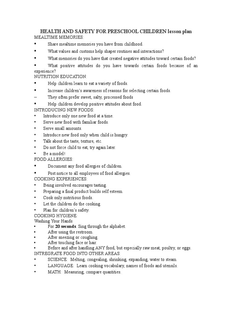 Preschool Health and Safety Lesson Plan | PDF | Foods | Shock (Circulatory)