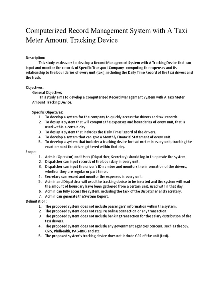 Computerized Record Management System With A Taxi Meter Amount Tracking ...
