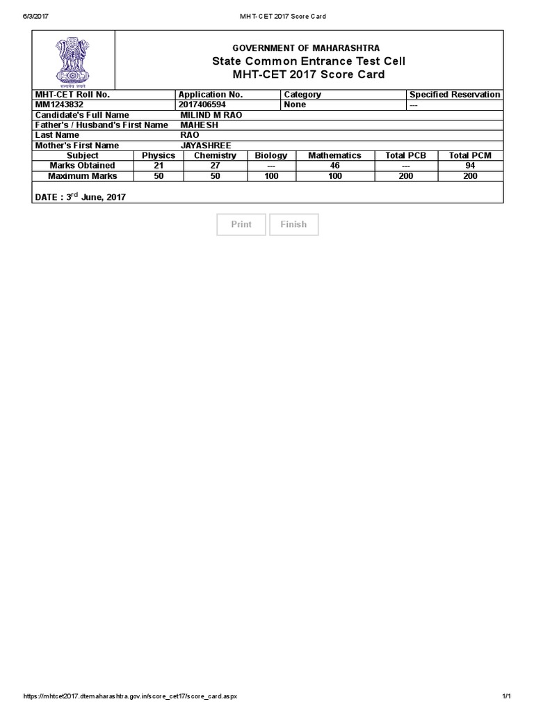 State Common Entrance Test Cell MHT CET 2017 Score Card: Print Finish | PDF