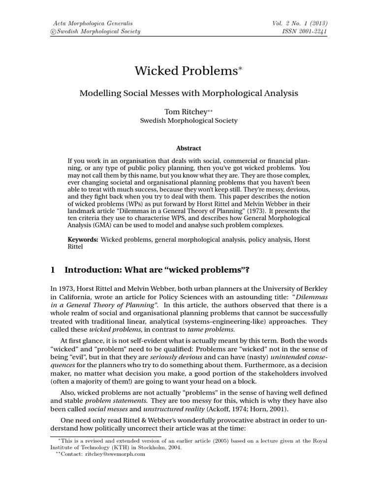Wicked Problems: Modelling Social Messes With Morphological Analysis ...