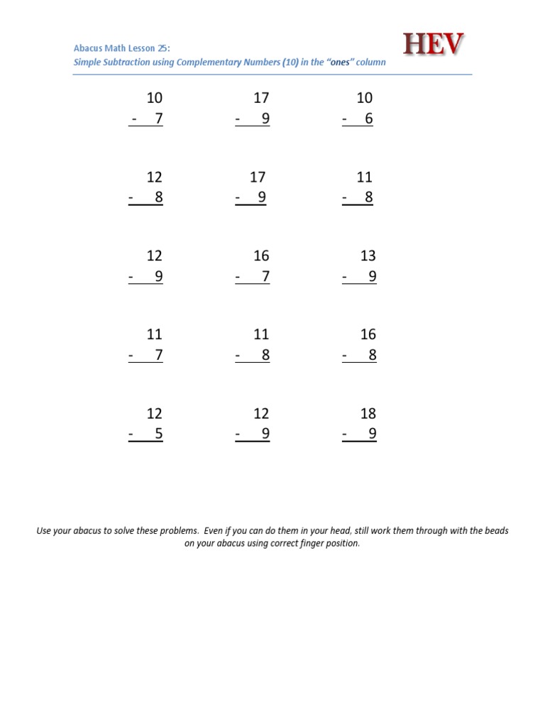 Simple Subtraction Using Complementary Numbers (10) in The " " Column | PDF
