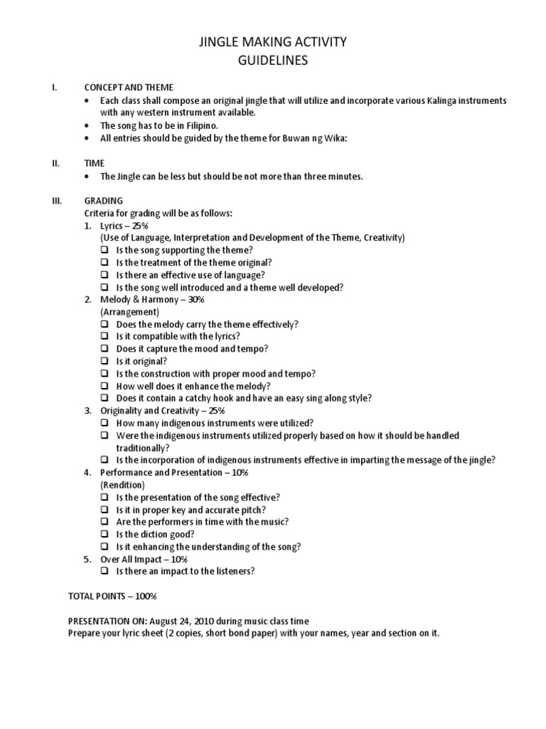 Music 1 Jingle Making Activity Guidelines | PDF | Language Arts ...