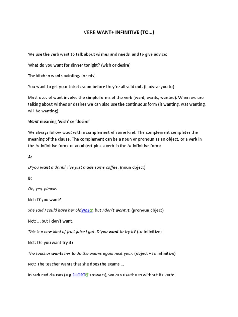 Verb Want Followed by Infinitive | PDF | Verb | Morphology