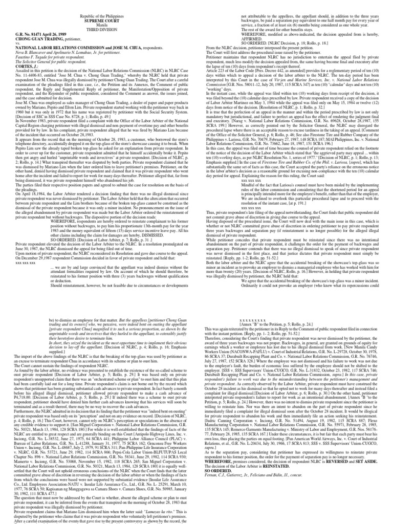 Chong Guan Trading vs. NLRC | PDF | Judgment (Law) | Arbitration