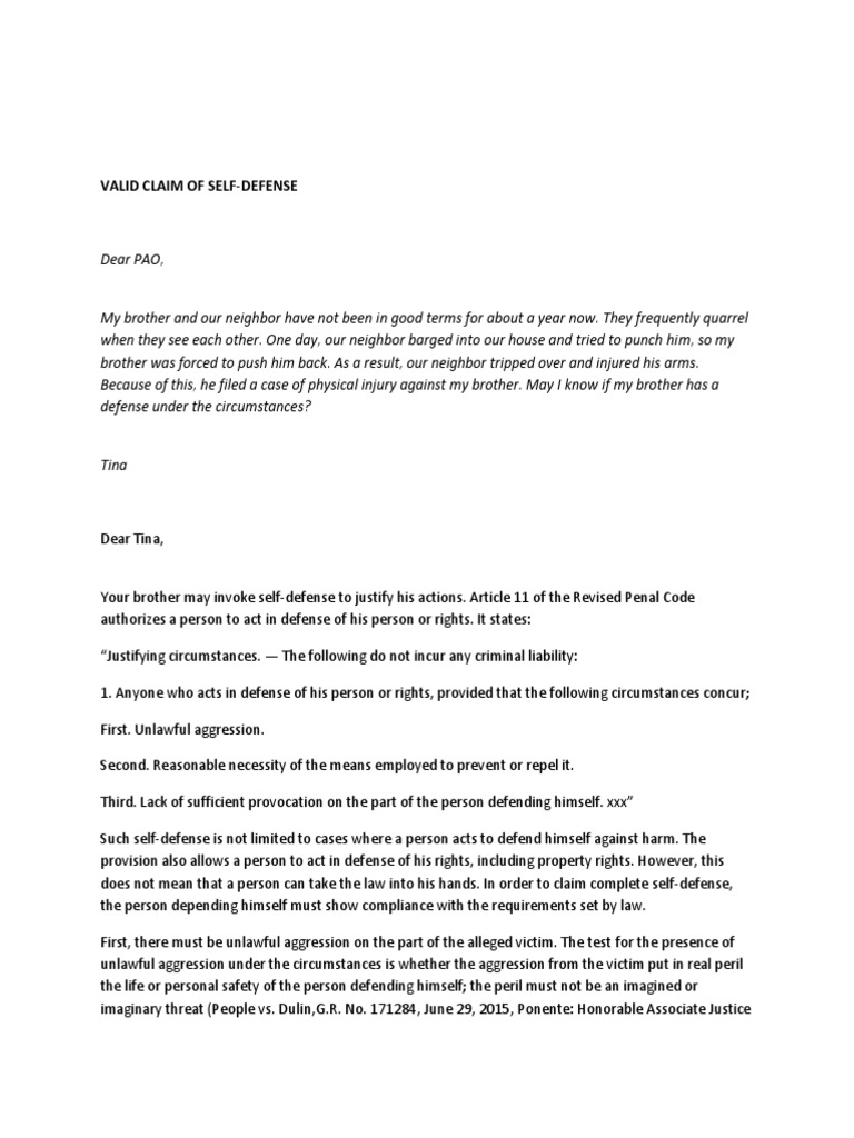 Valid Claim of Self Defense | PDF | Self Defense | Criminal Law