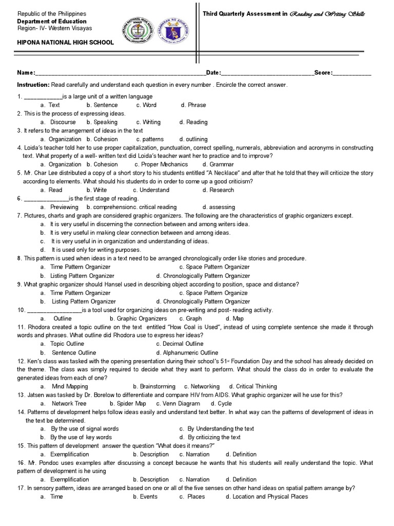 Republic of The PhilippinesThird Quarterly Assessment in Reading and ...