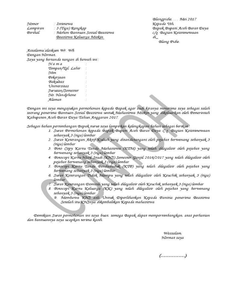 Contoh Surat Permohonan Beasiswa Berprestasi Dan Miskin 2016 | PDF