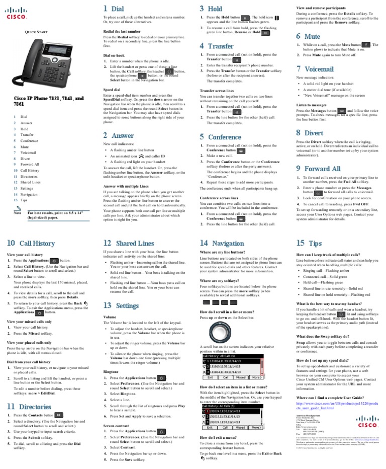 Cisco IP Phone 7821, 7841, and 7861 Quick Start | PDF | Telephone ...
