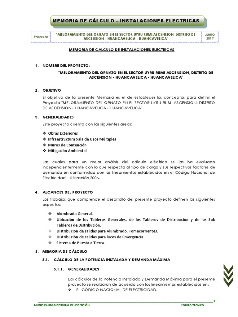 Memoria de Calculo Instalaciones Electricas | PDF | Corriente eléctrica | Energia electrica