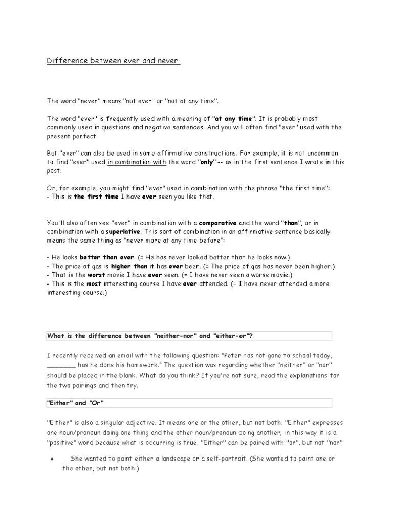 Difference Between Ever and Never | PDF | Grammatical Number | Pronoun