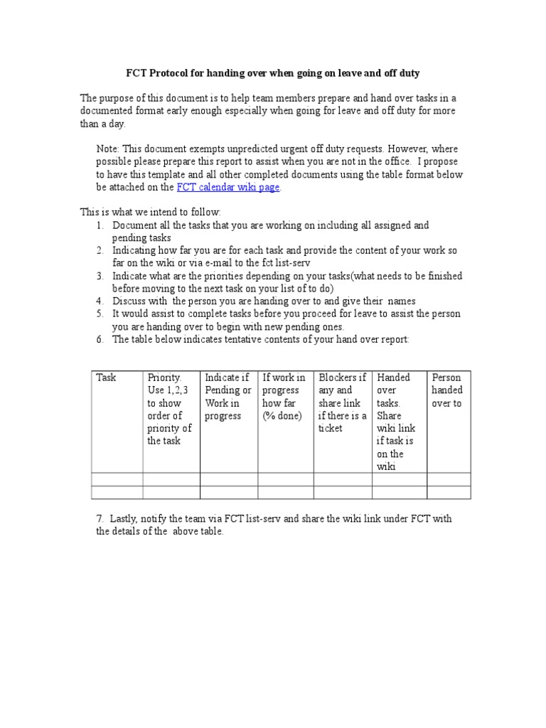 Leave & Off Duty Handing Over Protocol | PDF