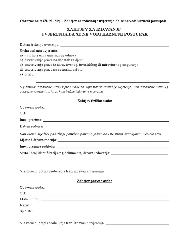 Obrazac Br. 9 - Zahtjev Za Izdavanje Uvjerenja Da Se Ne Vodi Kazneni ...