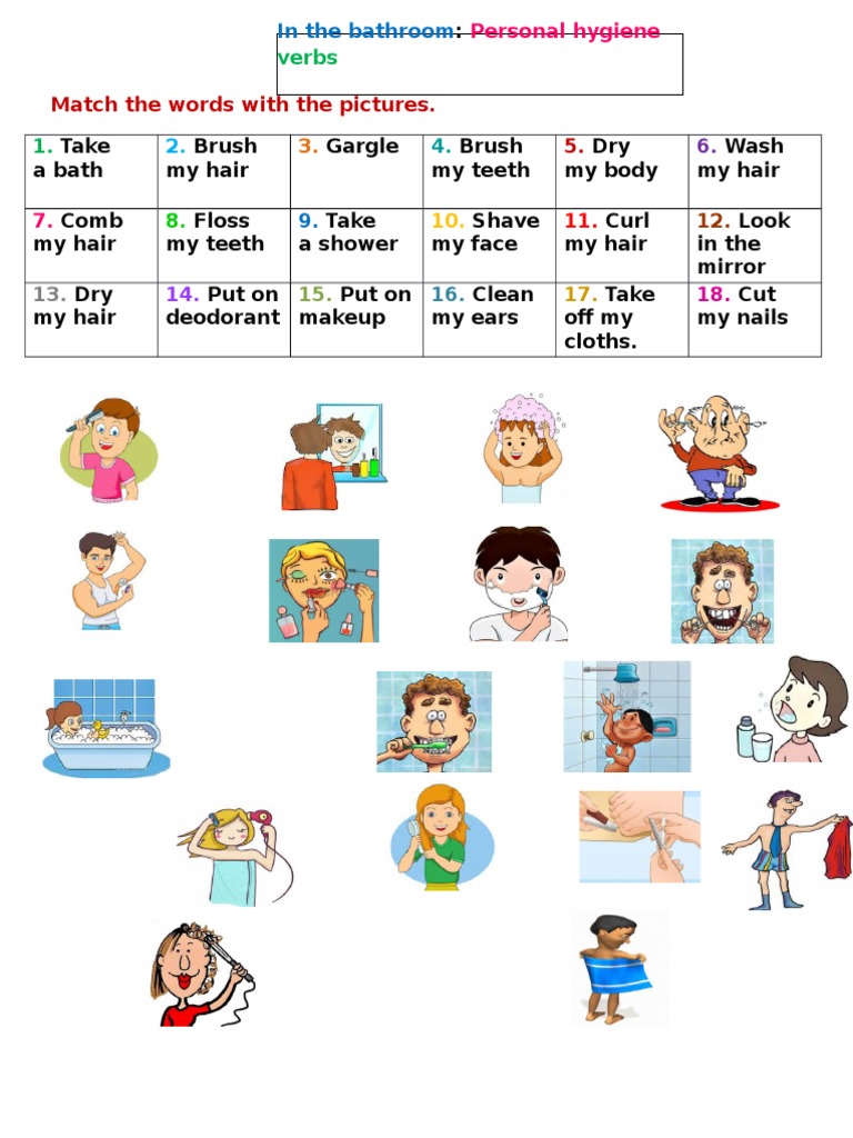 The Bathroom Personal Hygiene Verbs | PDF | Hygiene | Bathroom