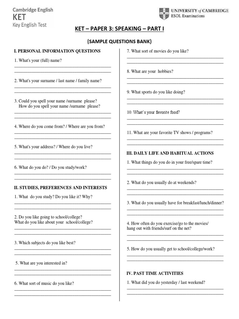 Ket Speaking - Part I - Sample Questions | PDF