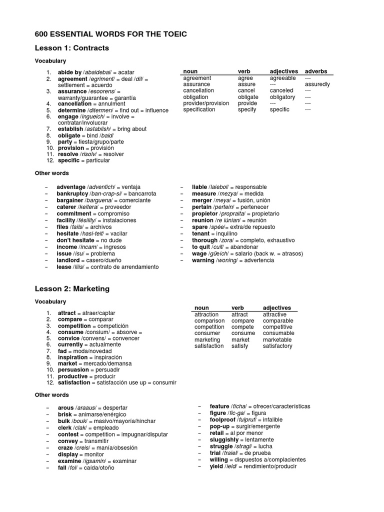 600 Essential Words For The Toeic Lesson 1: Contracts | Syntactic ...