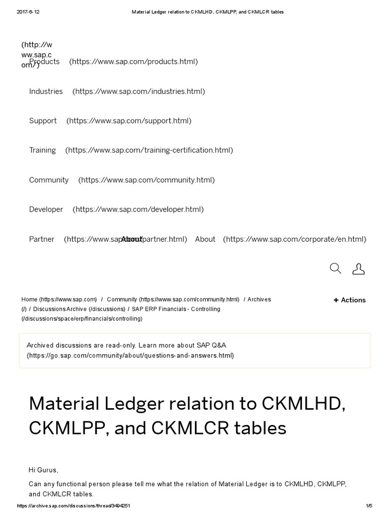 Material Ledger Relation To CKMLHD, CKMLPP, and CKMLCR Tables | PDF ...