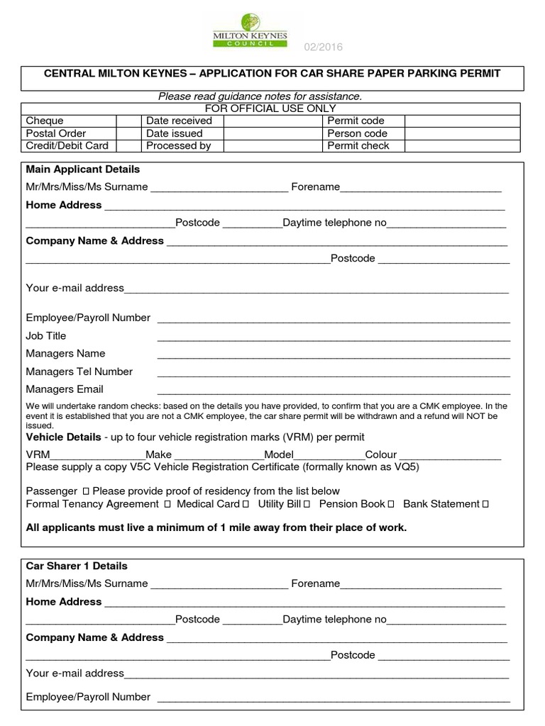Car Share Permit Application FEB 2016 | PDF | Cheque | Service Industries