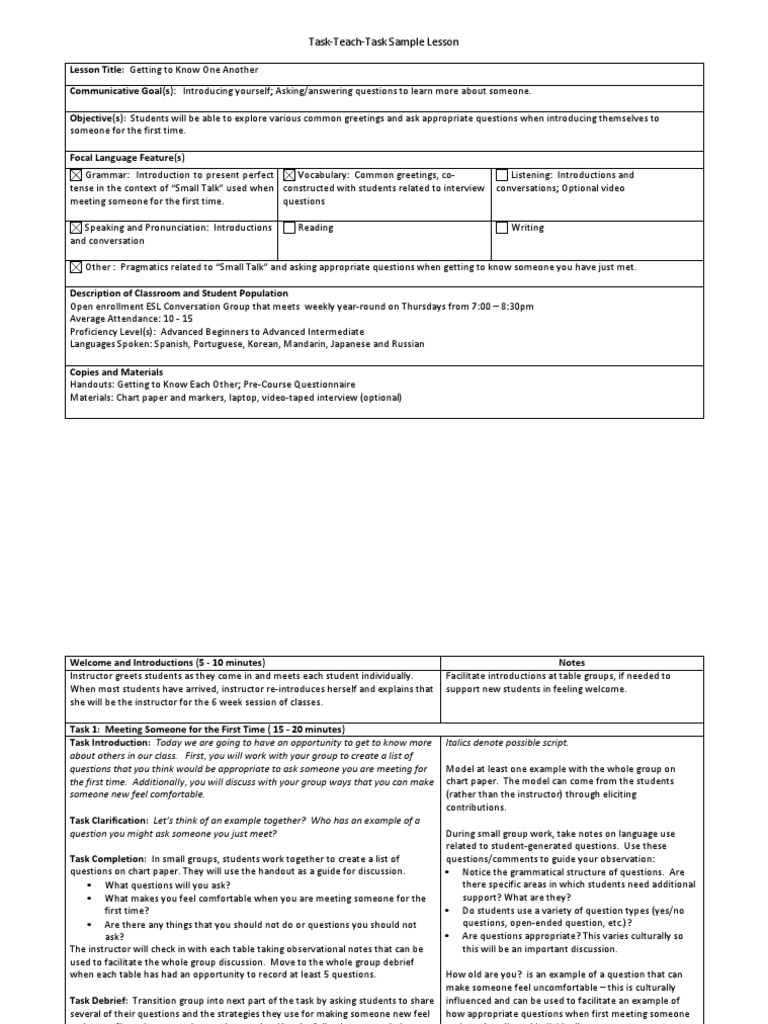 Task Based Instruction Task Teach Task Lesson Plan Template | English ...