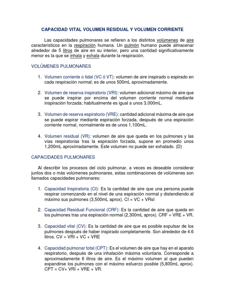 Capacidad Vital Volumen Residual y Volumen Corriente | PDF | Pulmón ...