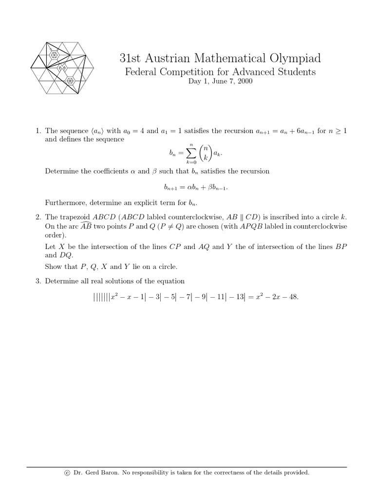 31st Austrian Mathematical Olympiad: Federal Competition For Advanced ...