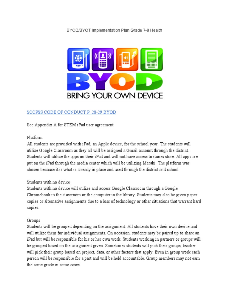 Sccpss Code of Conduct P. 28-29 Byod: BYOD/BYOT Implementation Plan Grade 7-8 Health | PDF