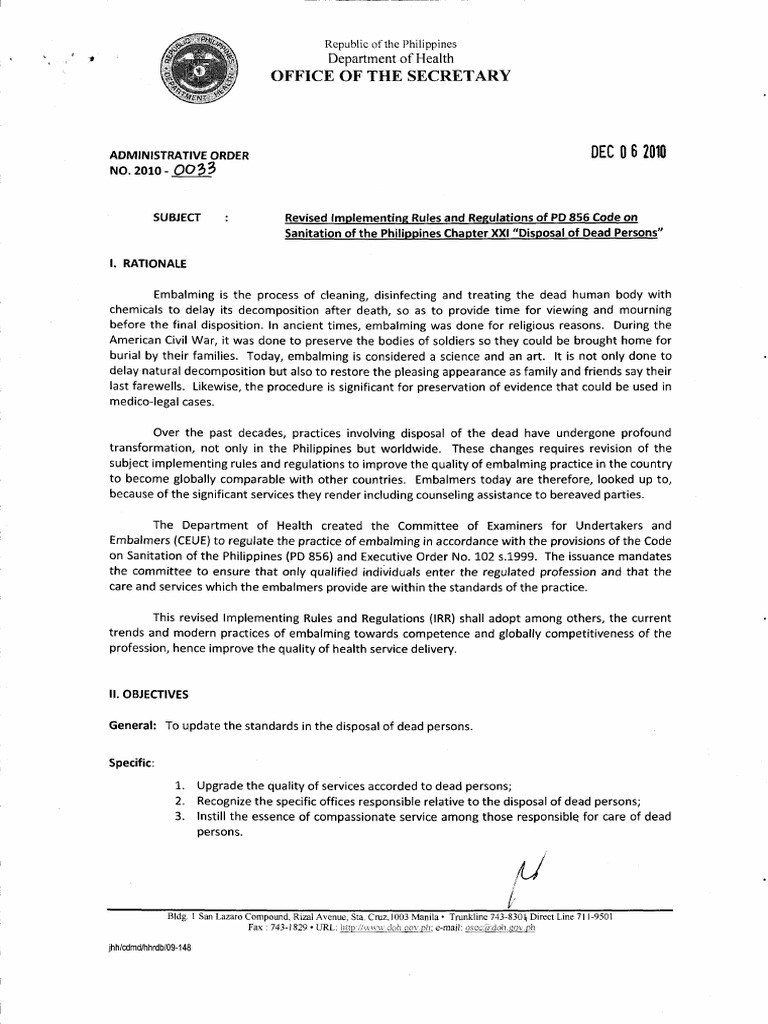 DENR AO 33 - Revised IRR of PD 856 Chapter 21 PDF | PDF | Burial | Licensure