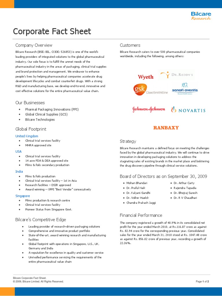 Corporate Fact Sheet | PDF | Pharmaceutical Industry | Innovation