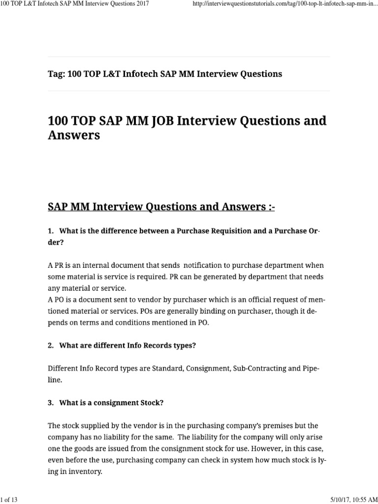 100 TOP L&T Infotech SAP MM Interview Questions 2017 | PDF | Business