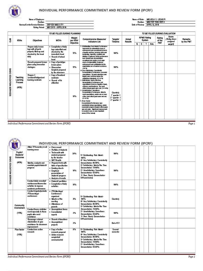 IPCRF Template for Teachers 2025 | PDF | Lesson Plan | Teachers